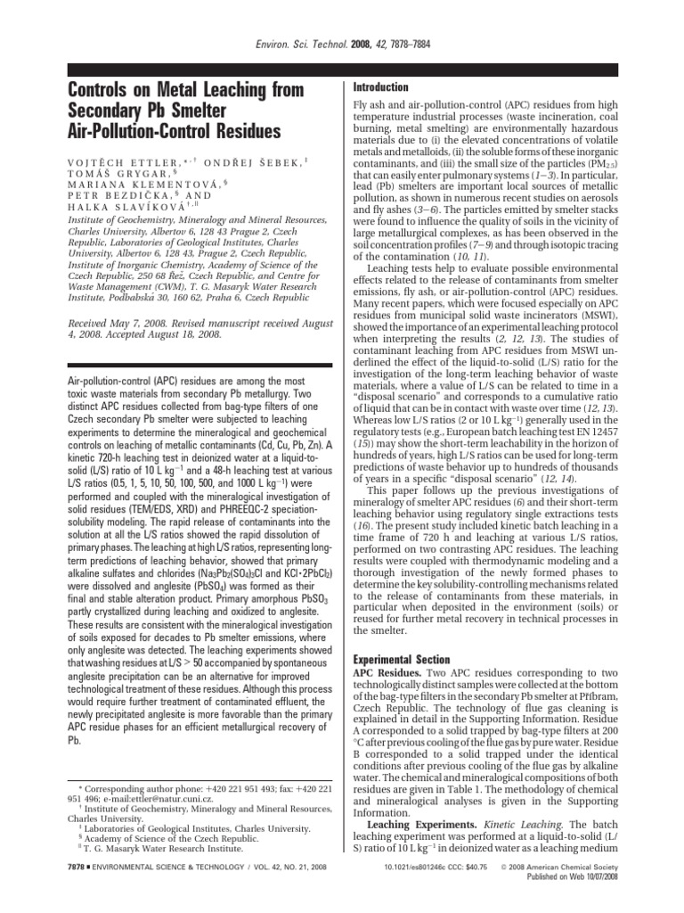 Controls On Metal Leaching From Secondary PB Smelter Air-Pollution ...