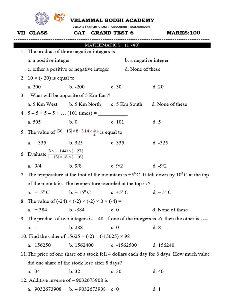 Vii Grand Test Paper Cat1 | PDF | Digestion | Photosynthesis