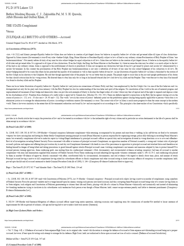 P L D 1978 Lahore 523, Zulfiquar Ali Bhutto Case | PDF | Criminal Procedure In South Africa ...