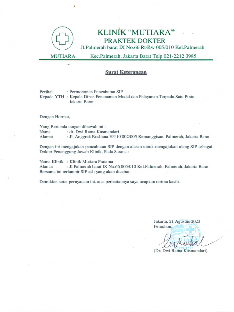 Surat Permohonan Pencabutan SIP | PDF