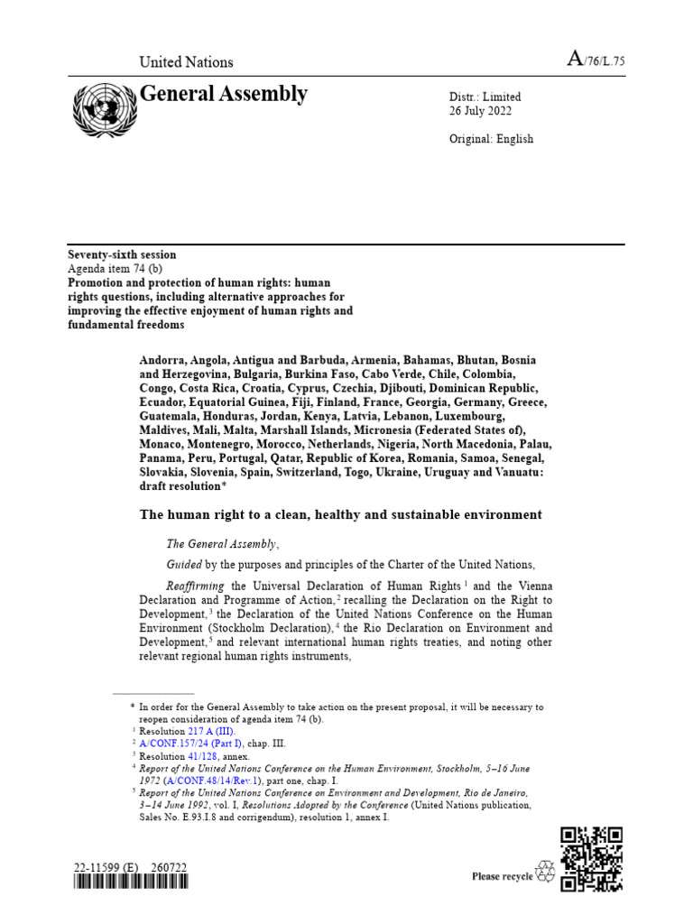 UNGA Resolution On Right To Environment | PDF | Sustainability ...