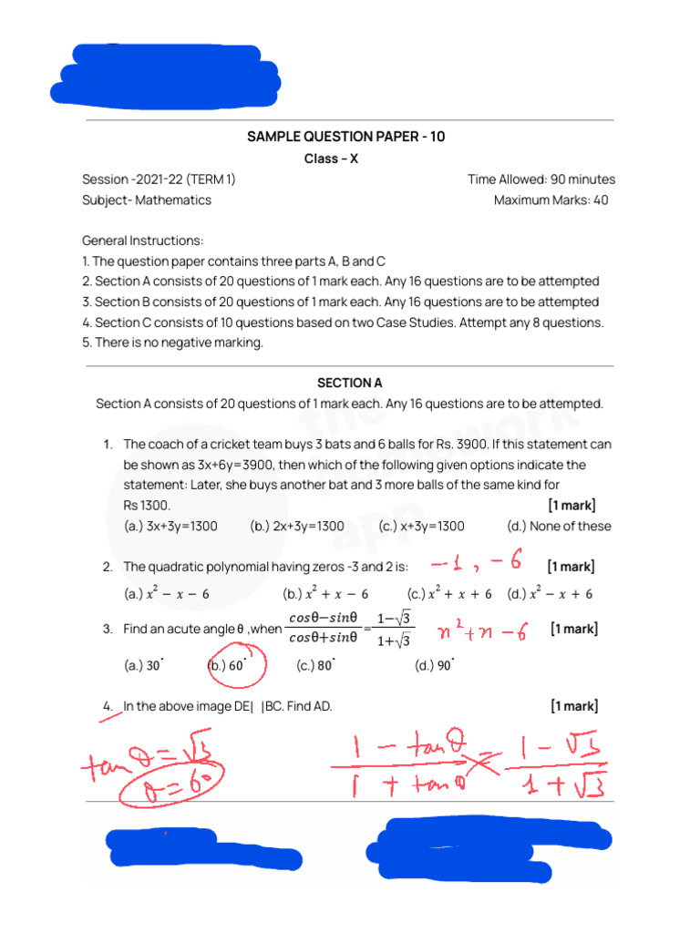 Sample Question Paper - 10 | PDF | Area | Triangle