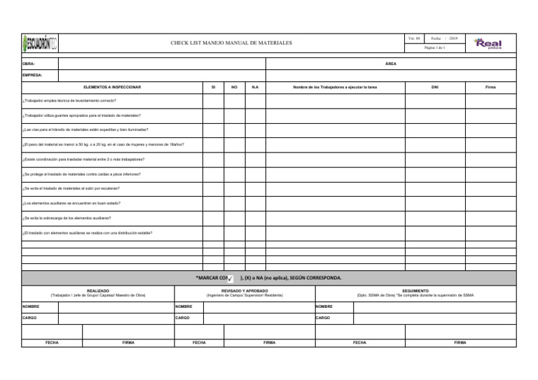 Check List Manejo Manual de Materiales Ver 00 | PDF