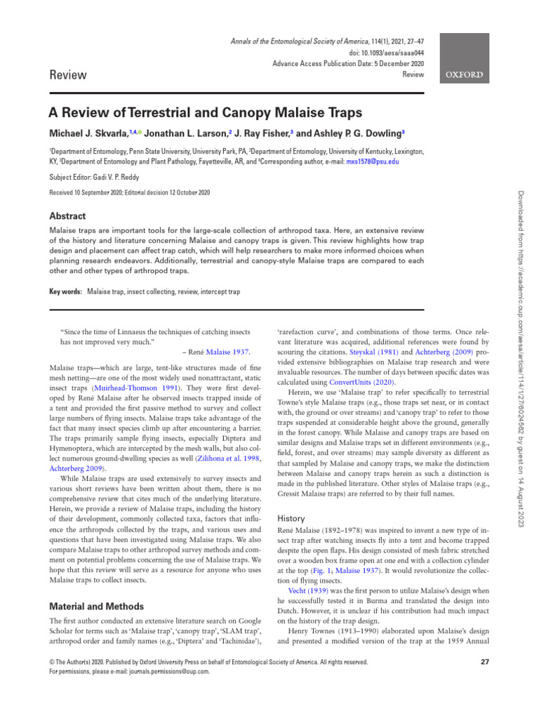 A Review of Terrestrial and Canopy Malaise Traps | PDF | Insects | Fly