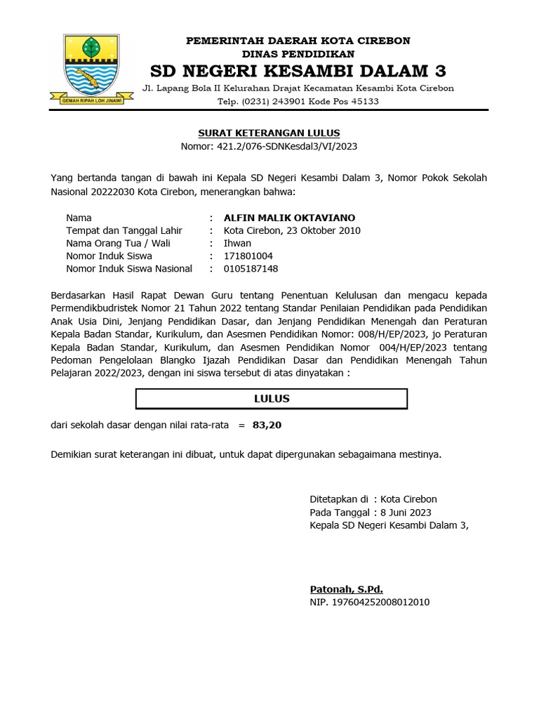Surat Keterangan Lulus SD Kesambi 3 | PDF