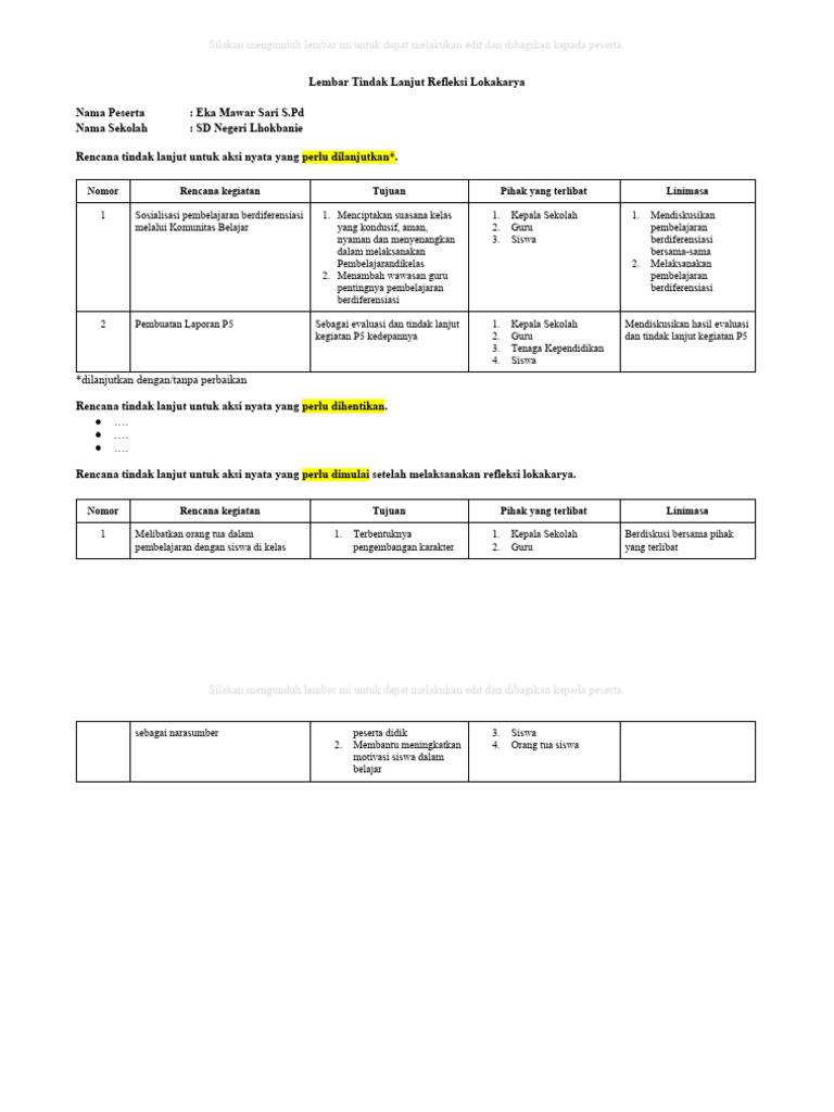 Lembar Tindak Lanjut Refleksi Lokakarya Eka | PDF | Karier & Perkembangan