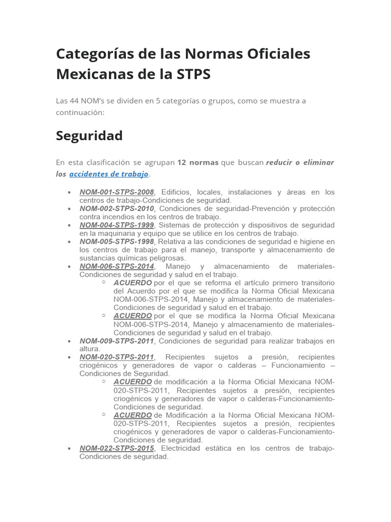 Categorías de las Normas Oficiales Mexicanas de la STPS | PDF