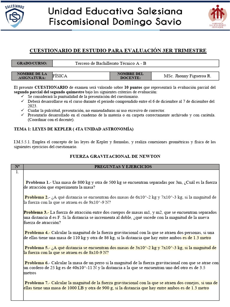 Cuest 3T 3ero BT A B 2023 | Descargar gratis PDF | Masa | Fuerza