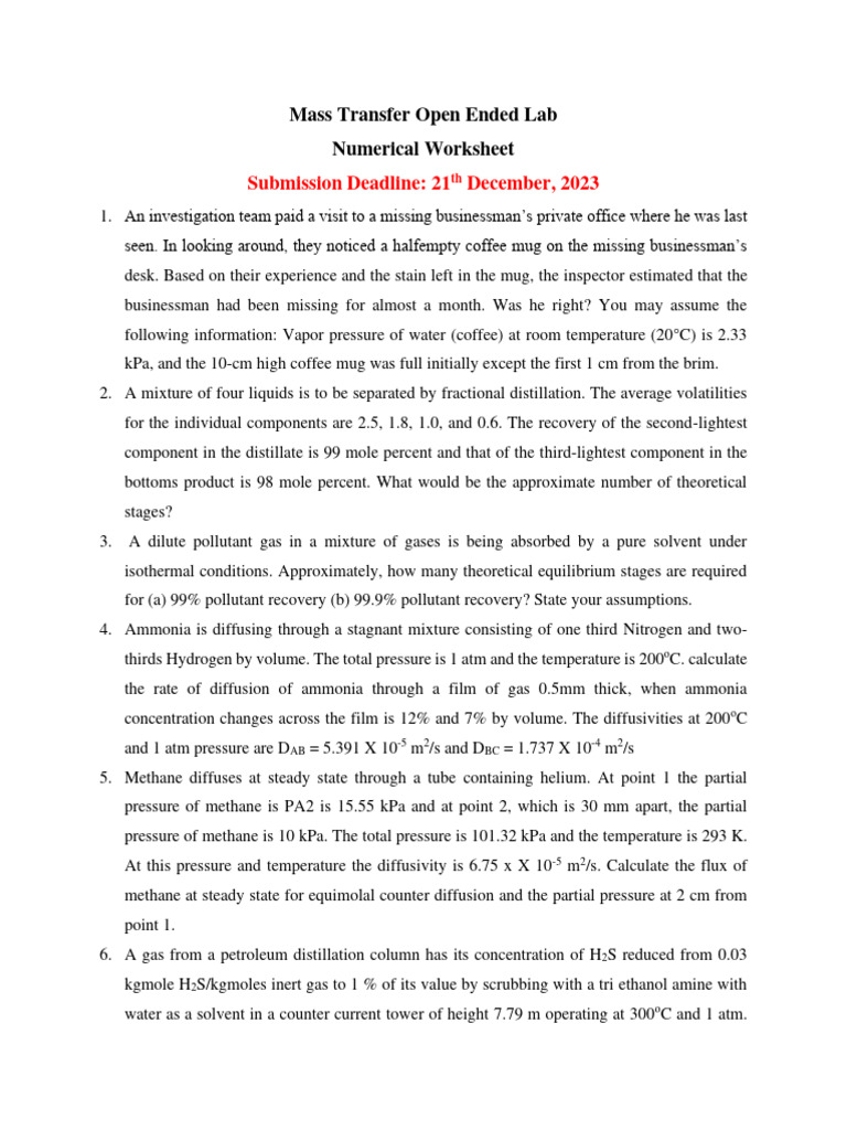 Mass Transfer Open Ended Lab | PDF | Distillation | Applied And Interdisciplinary Physics