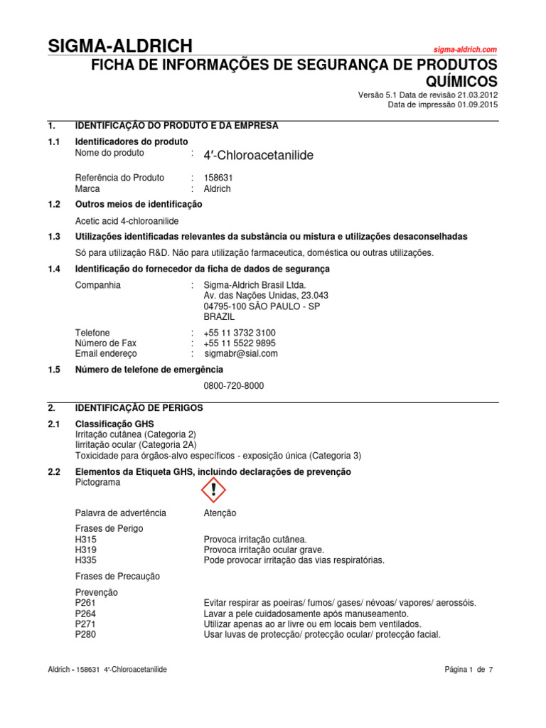 P353 - 4-Cloroacetanilida - SIGMA | PDF | Desperdício | Primeiros socorros