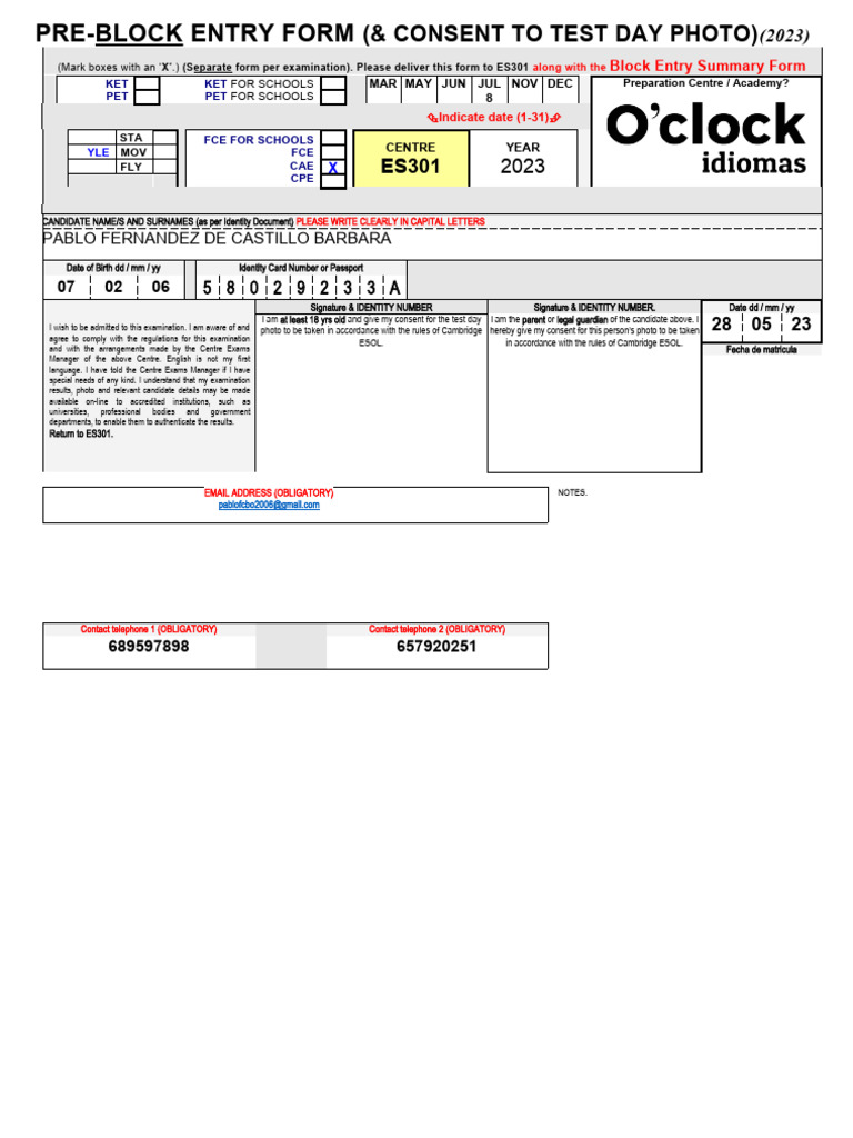 Pre-Block Entry Form ES301 2023 - PFCB | PDF | Government And Personhood