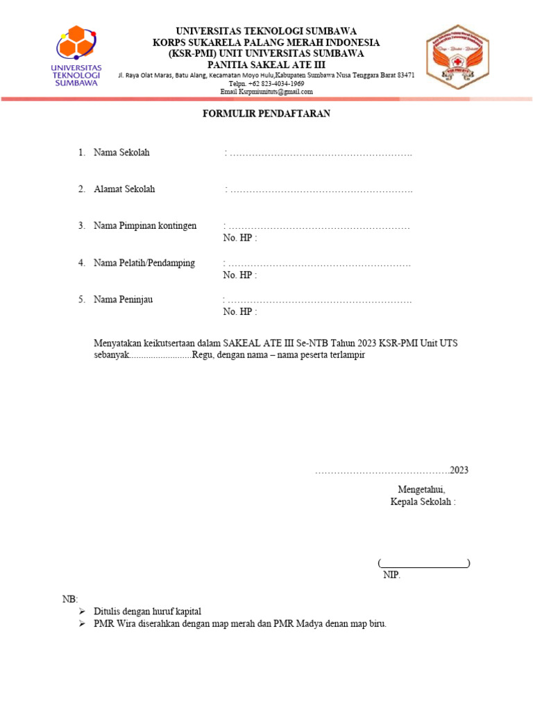 Formulir Pendaftaran Lomba PMR 2023 | PDF