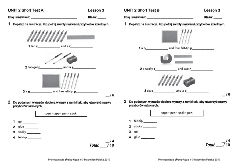 Brainy kl4 Short Tests Unit 2 Lesson 3 | PDF