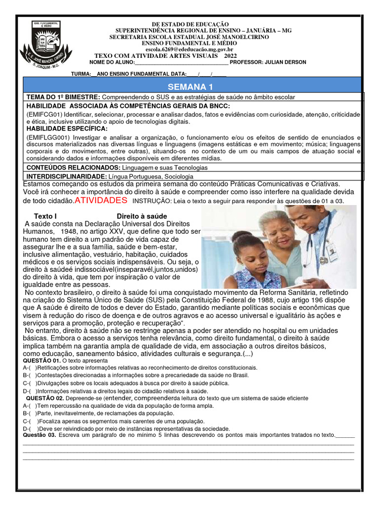 Atividade de Arte Sobre Saude Publica Sus 1° Semana | PDF | Sociologia