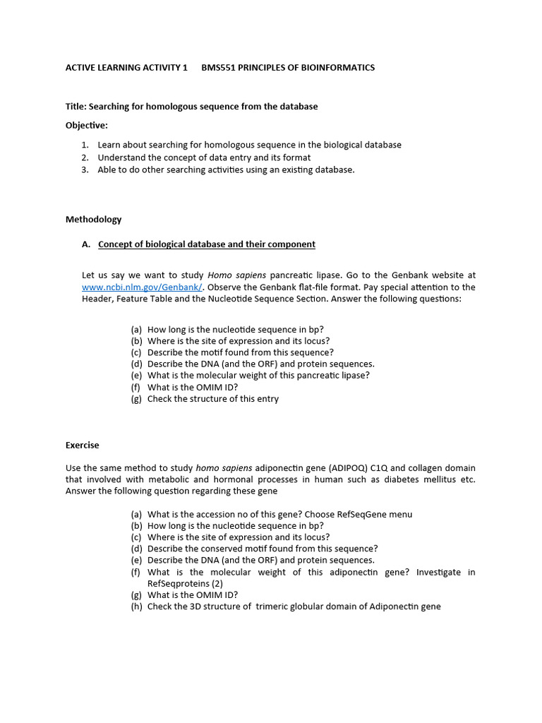 Active Learning Activity 1 Bms551 Principles of Bioinformatics | Download Free PDF ...