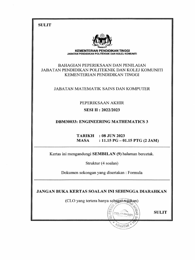 Dbm30033 Engineering Mathematics 3 | PDF