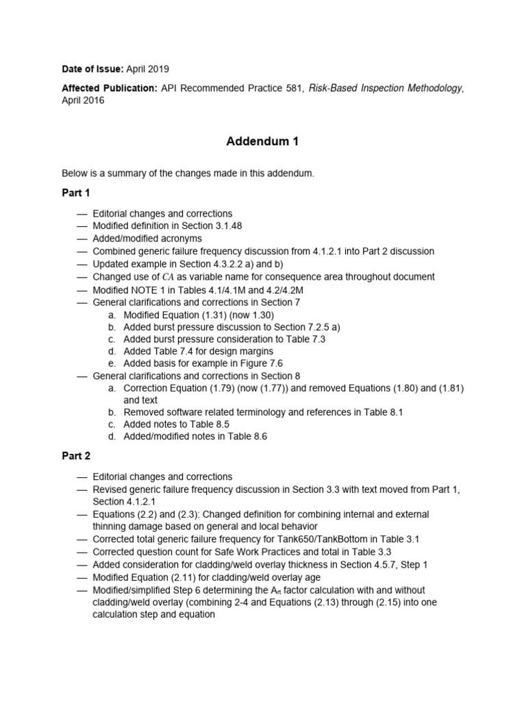 API 581 RP Risk Based Inspection (2016) - Addendum (Abril 2019) | PDF | Corrosion | Stress ...
