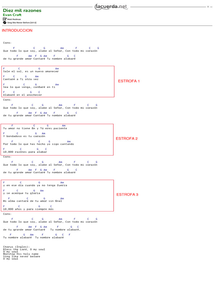 DIEZ MIL RAZONES, Evan Craft - Acordes - Fa | PDF