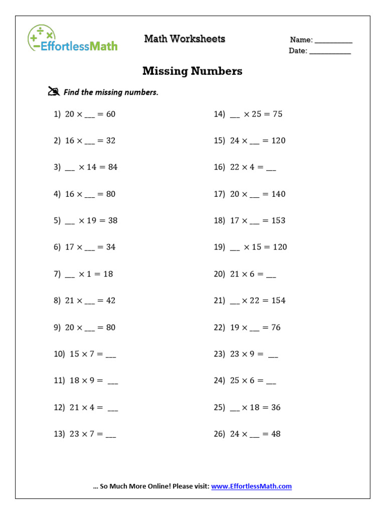 Multiplication Missing Numbers Worksheet | PDF | Teaching Methods ...