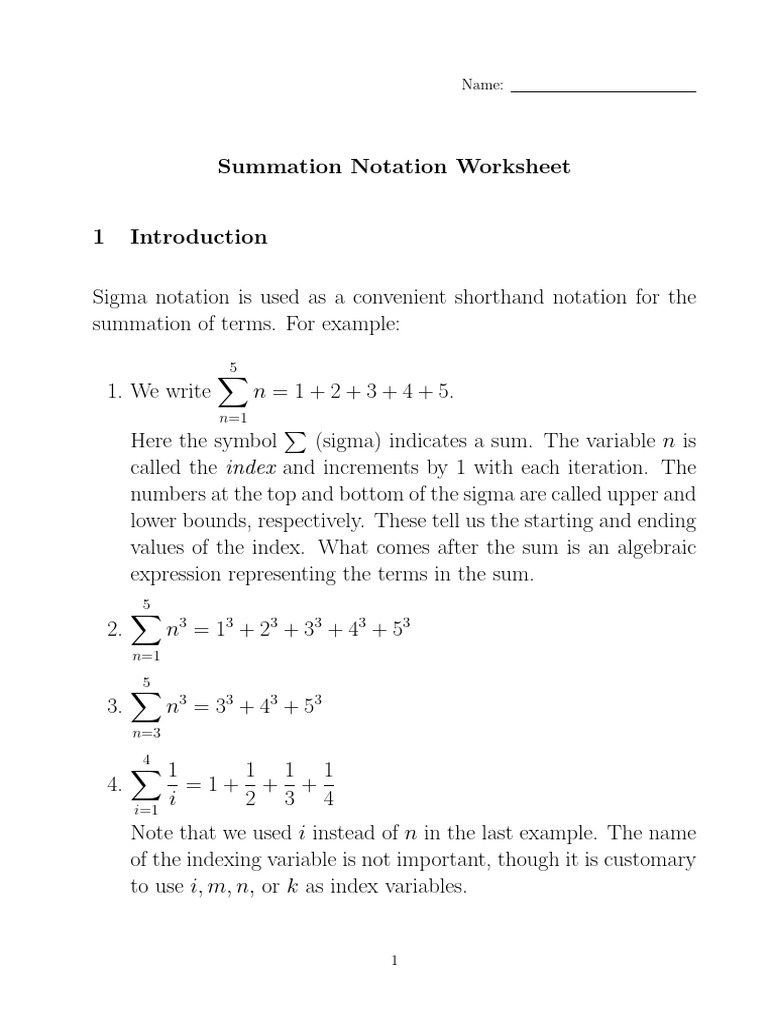 Sigma Notation Ws Pdf Summation Mathematical Objects