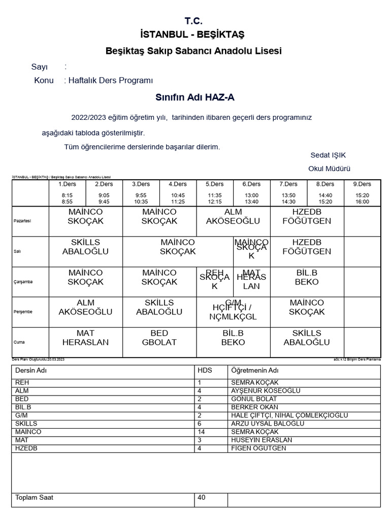 20 Mart Ders Programi | PDF