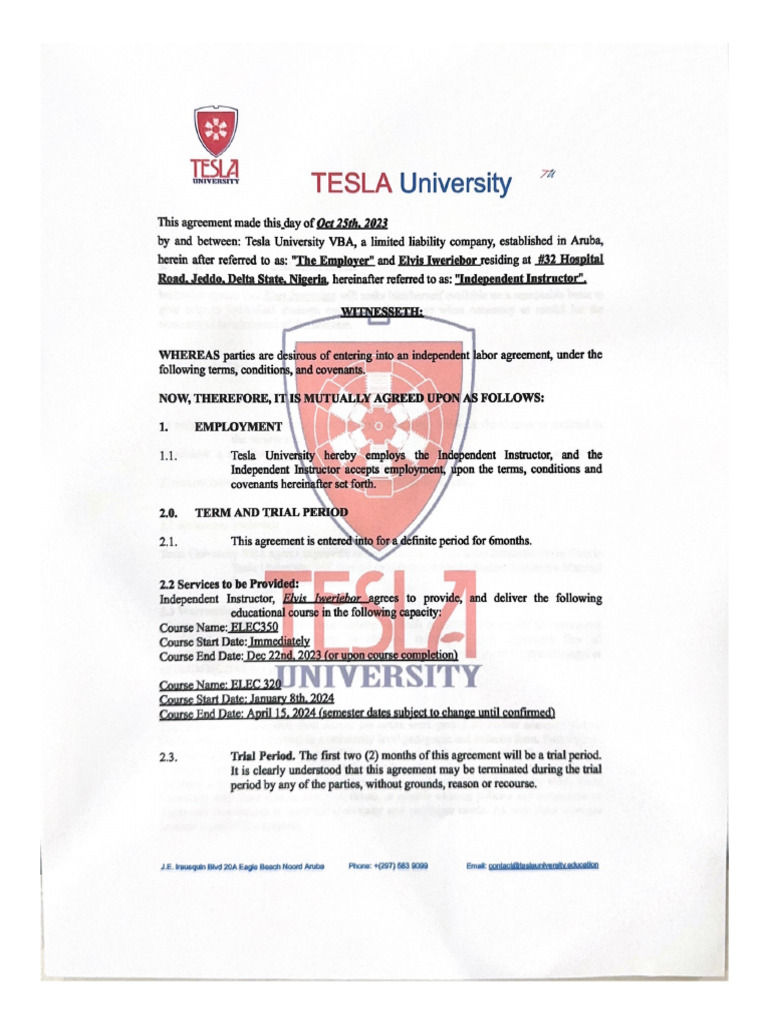 Elvis Contract Signed by DR TESLA University | PDF