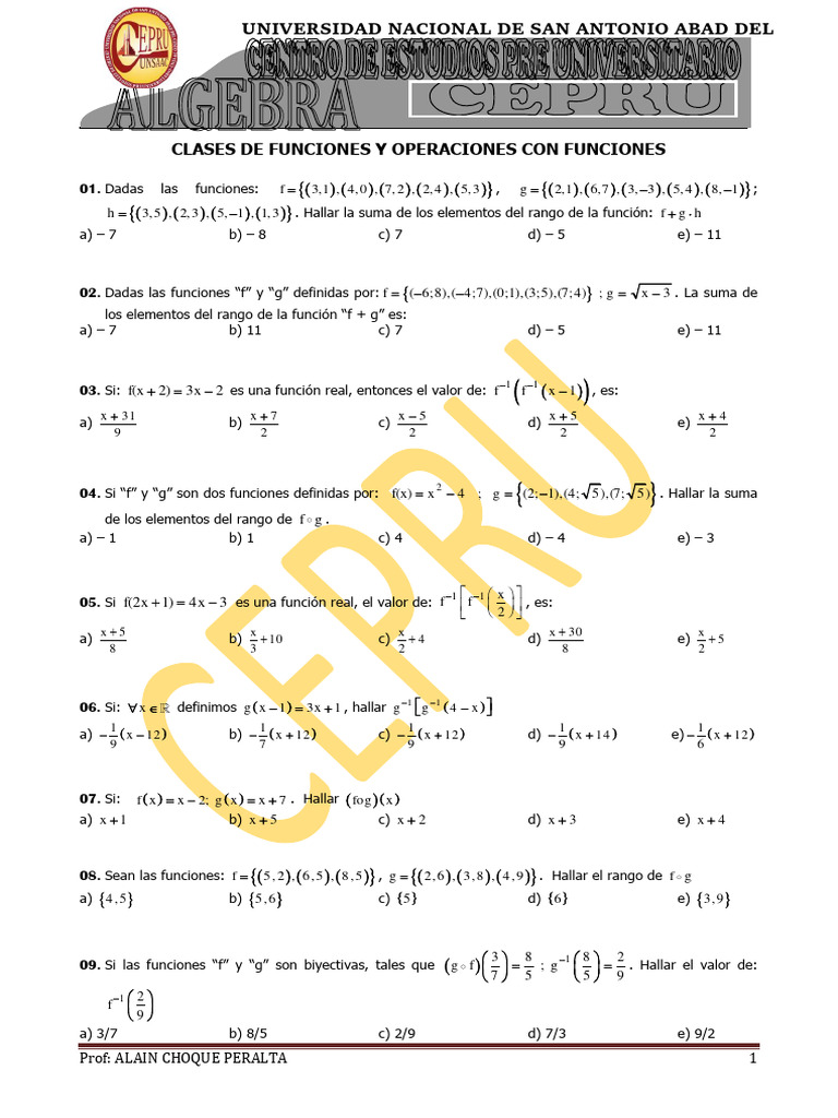 19 Clases de Funciones y Algebra de Funciones Ejercicios | PDF | Lógica matemática | Álgebra