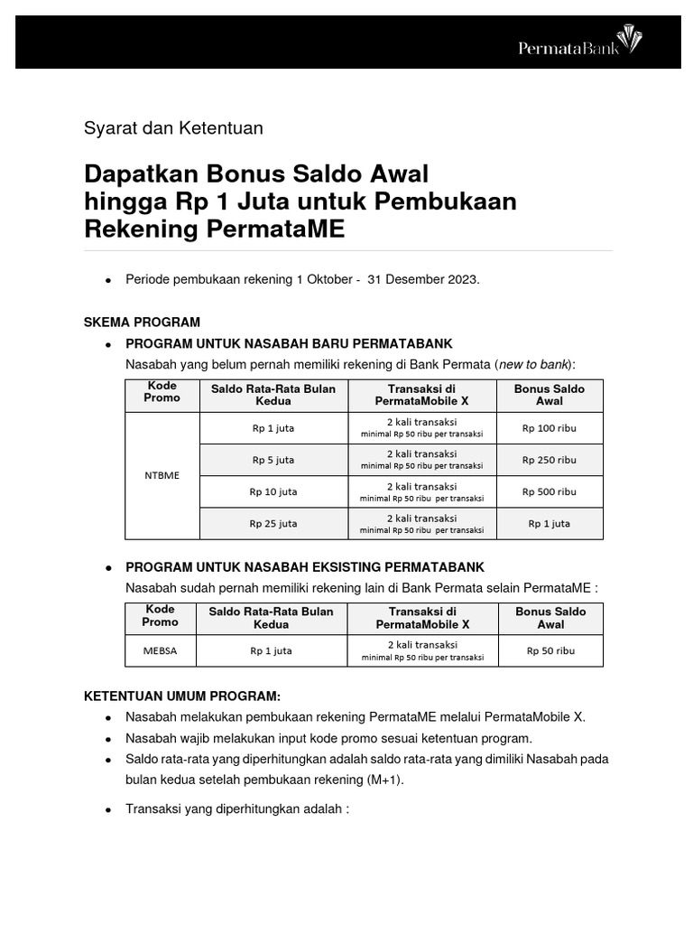 SNK Dapatkan Bonus Saldo Hingga 1 Juta Untuk Pembukaan Rekening PermataME | PDF