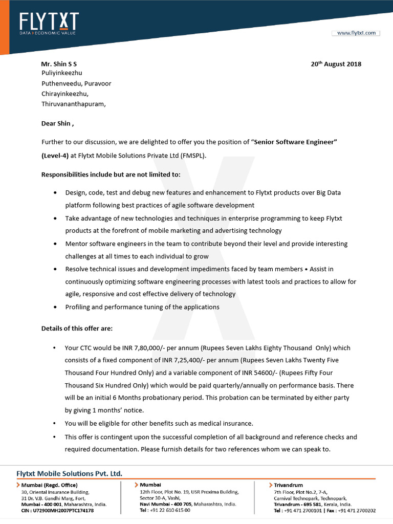 Offer Letter - Shin S S | PDF | Agile Software Development | Software