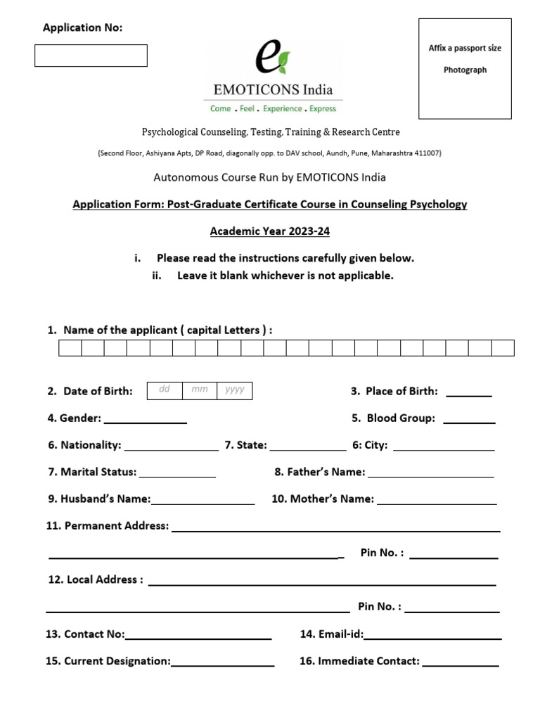 PGCCP Application Form 2023 24 | PDF | Psychotherapy | Psychology
