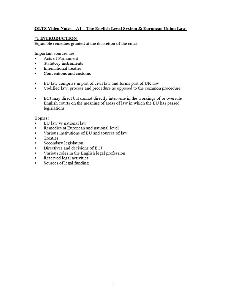 QLTS Module A1 - The English Legal System & European Union Law (Video ...