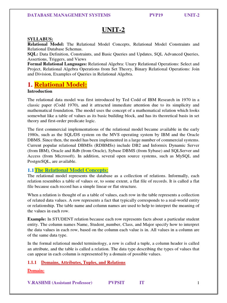 Pvp19 Dbms Unit-2 Material | PDF | Relational Database | Relational Model