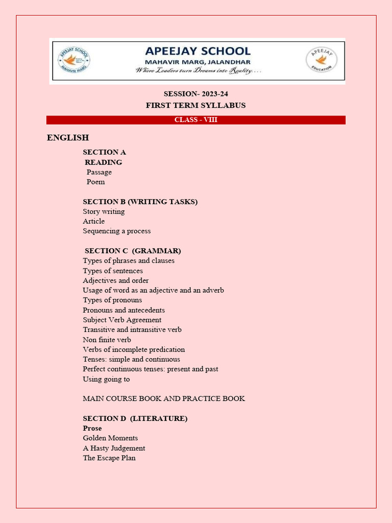 Class Viii First Term Syllabus (2023-24) - 02 | PDF