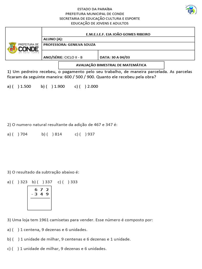 AVALIAÇÃO DE MATEMÁTICA 1B | PDF | Cidadania