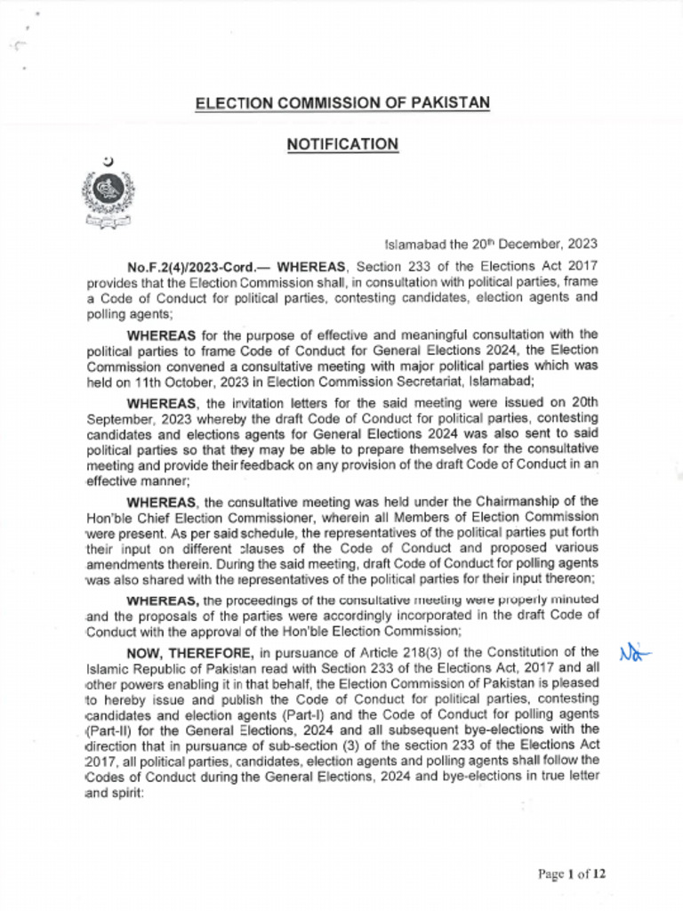 Code of Conduct For Political Parties | PDF | Voting | Elections