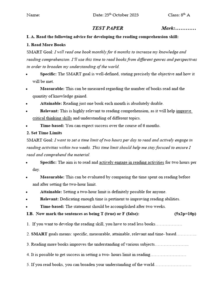 Test Paper Units 1 02 J 8TH Grade | PDF | Career & Growth | Language ...