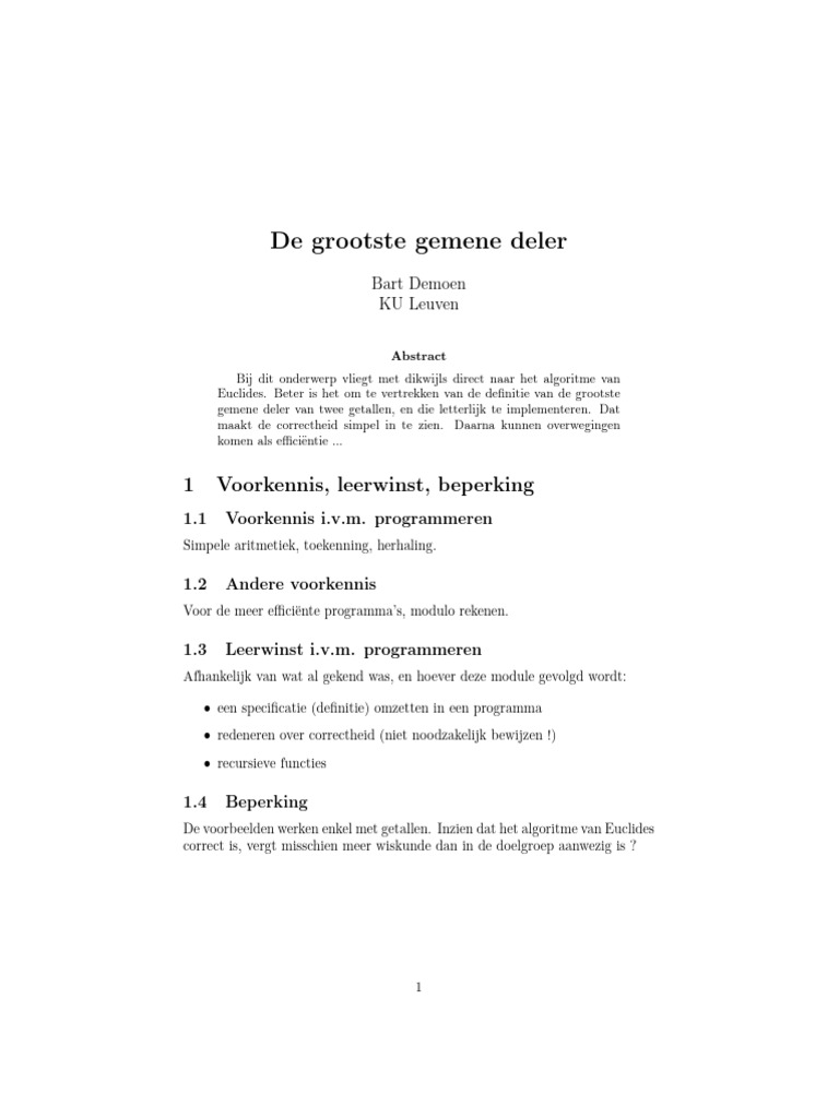 De Grootste Gemene Deler: 1 Voorkennis, Leerwinst, Beperking | PDF