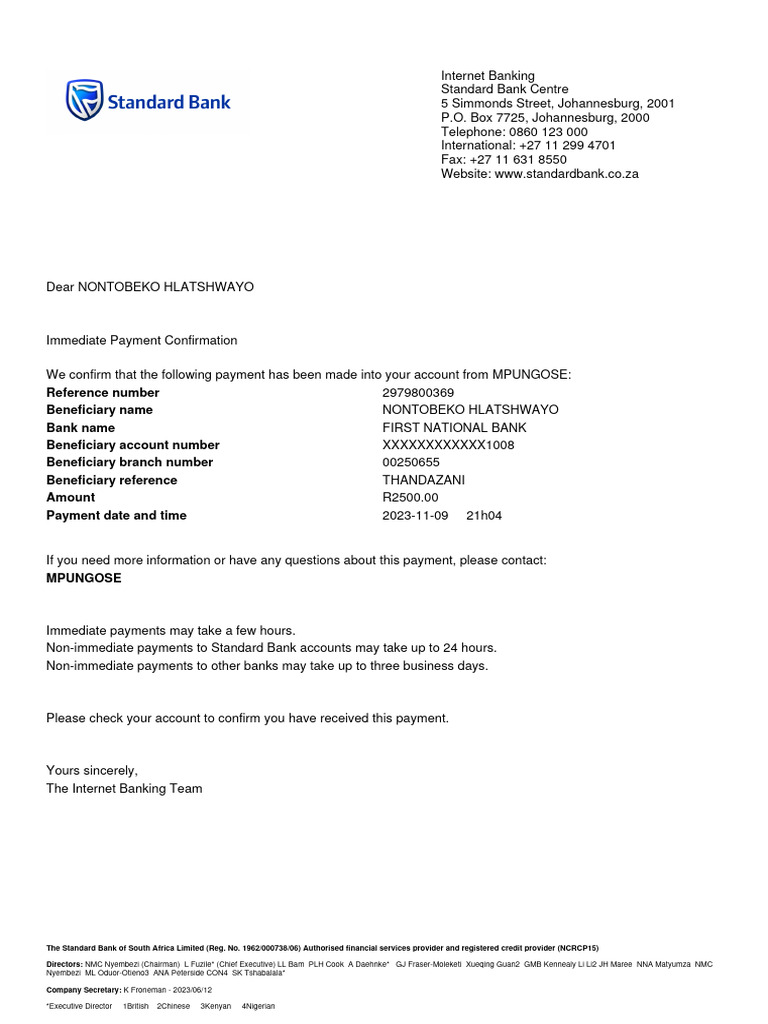 Standard Bank Immediate Payment Proof | PDF | Private Sector ...