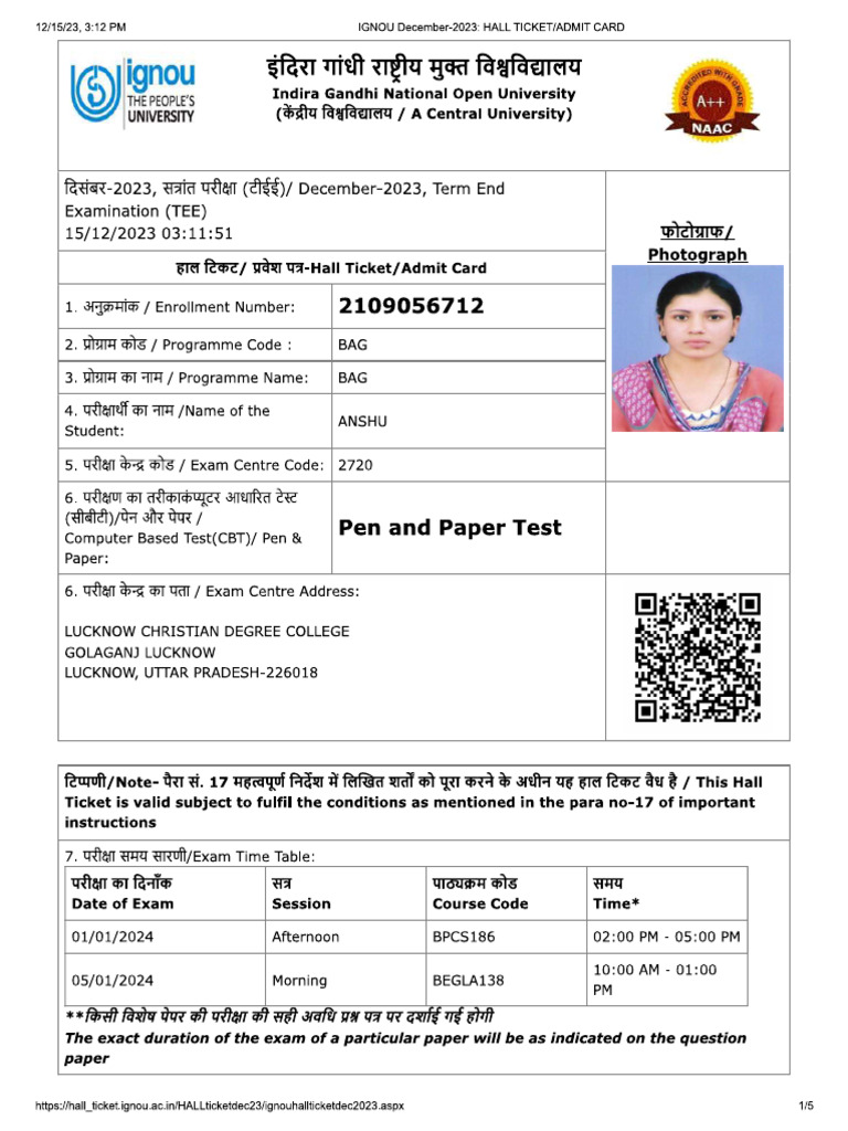 ANSHU ADMIT CARD | PDF