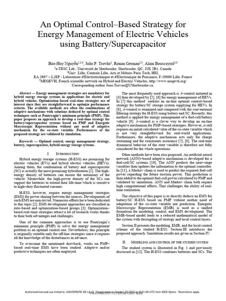 An Optimal Control-Based Strategy For Energy Management of Electric Vehicles Using Battery ...
