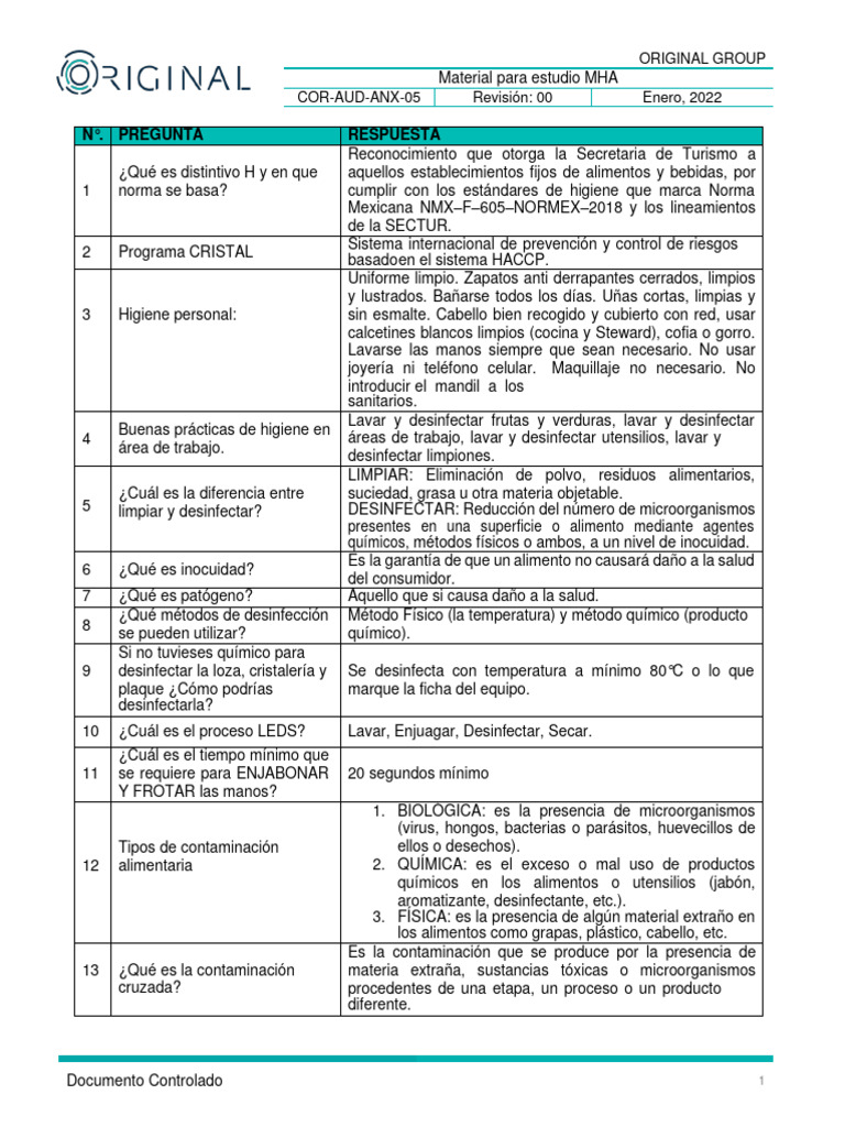 COR-AUD-ANX-05 Material para Estudio MHA Rev.00 Enero, 2022 | PDF | Diarrea | Enfermedades ...