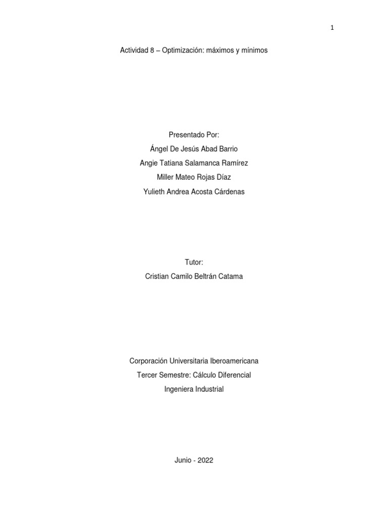 Actividad 8 Optimizaci N M Ximos y M Nimos PDF | PDF