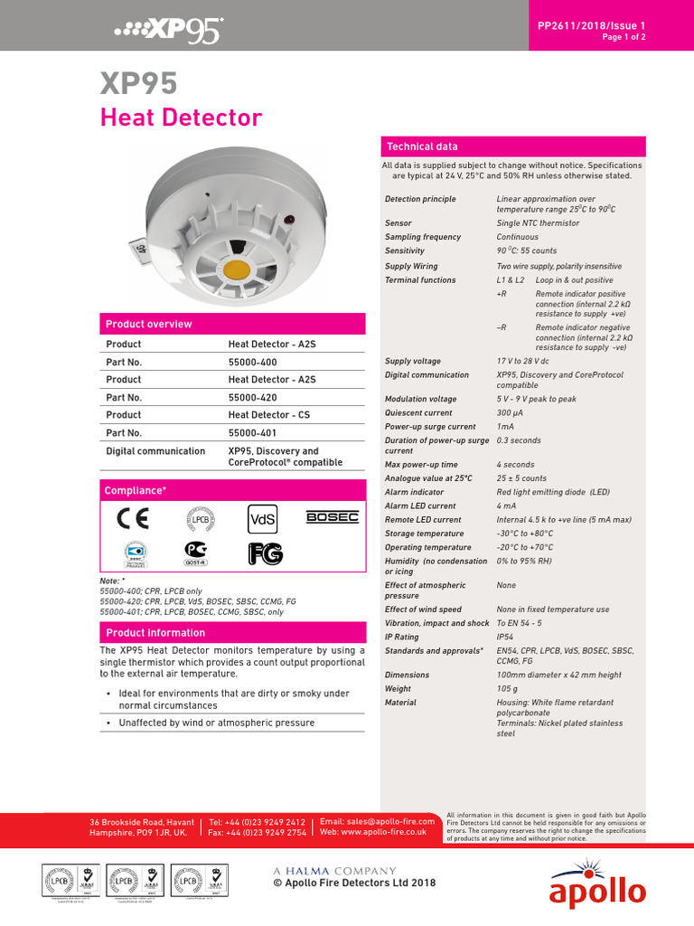 PP2611 XP95 Heat Detector Data Sheet | PDF | Sensor | Light Emitting Diode