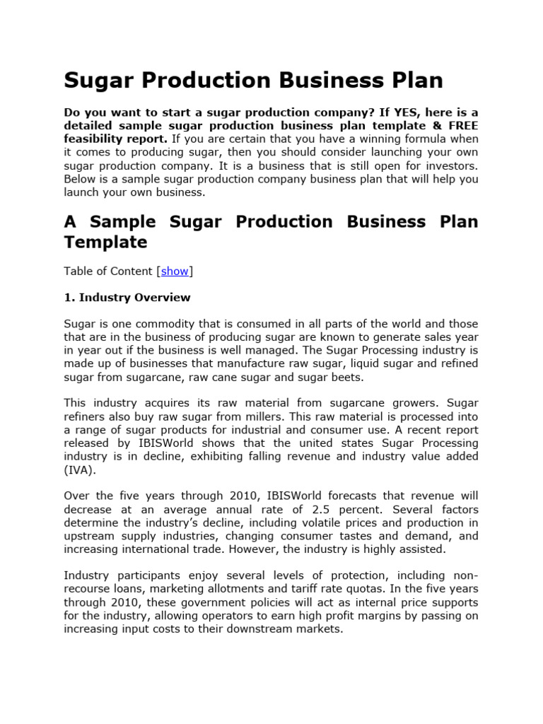 Sugar Production Business Plan | PDF | Sucrose | Banks