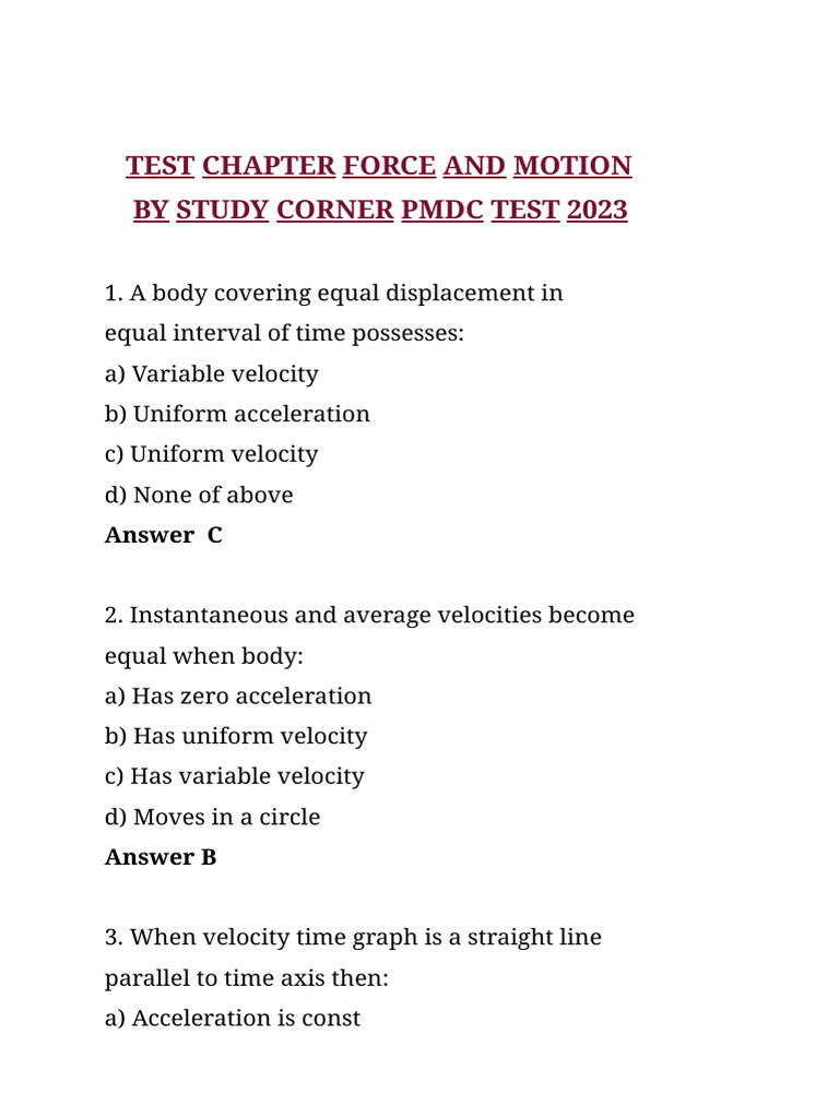 Force and Motion Mcqs With Key by STUDY CORNER | PDF | Velocity ...
