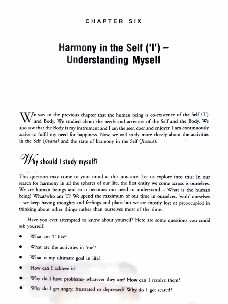 Unit - 2 (Chapter-6) Harmony in The Self (I) - Understanding Myself | PDF