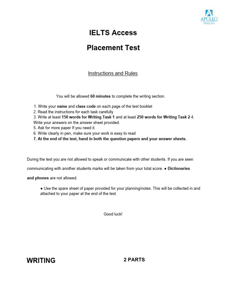 IELTS Access - Writing & Speaking Placement Test | PDF