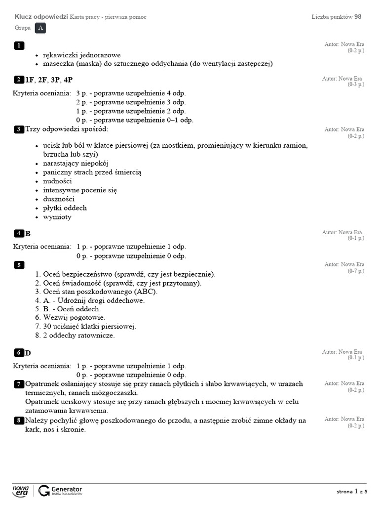 Karta Pracy Pierwsza Pomoc Klucz Odpowiedzi 1 2 | PDF