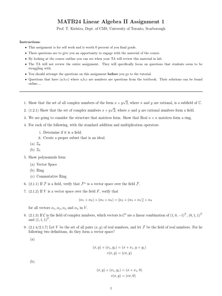Assignment 1 Pdf Linear Subspace Vector Space