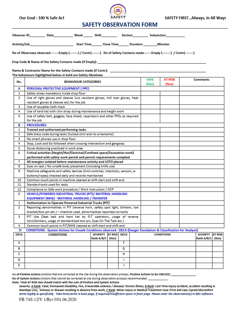Safety Observation Form Rev3 Version 1 | PDF